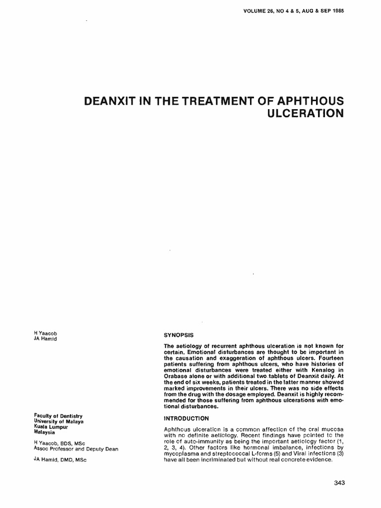 Deanxit THE Treatment Aphthous Ulceration: Yaacob Hamid Are Be | PDF ...
