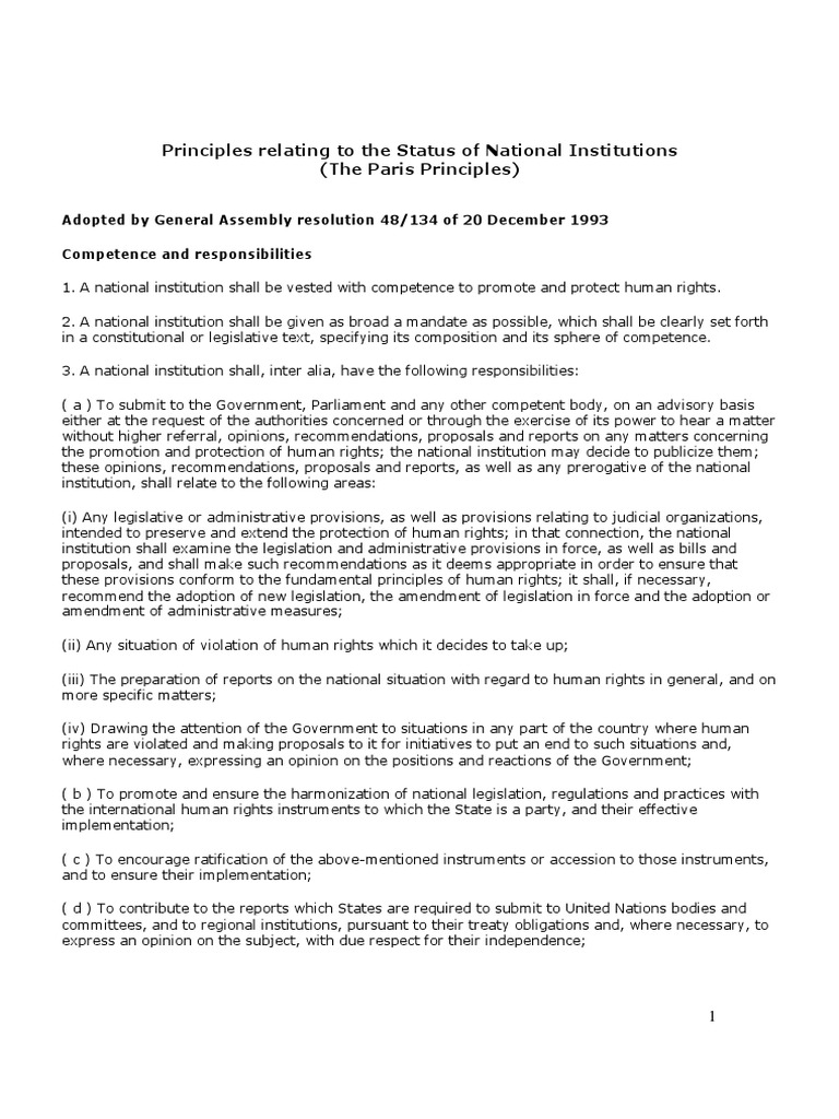 Principles Relating To The Status of National Institutions (The Paris ...