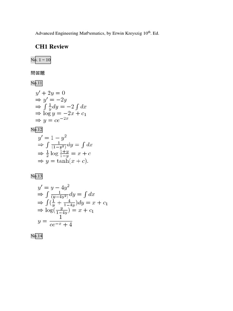 CH1 Review: Advanced Engineering Mathematics, by Erwin Kreyszig 10 - Ed ...