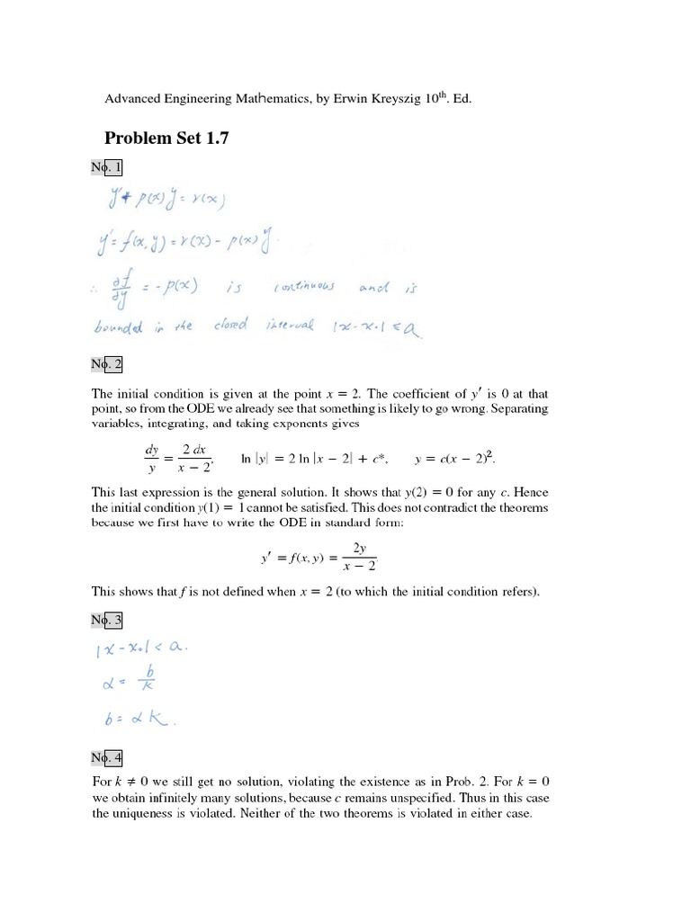 Problem Set 1.7: Advanced Engineering Mathematics, by Erwin Kreyszig 10 ...
