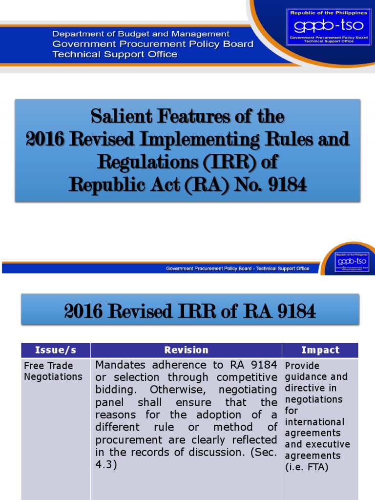 Salient Features of RA 9184 IRR 2016 | PDF | Procurement ...