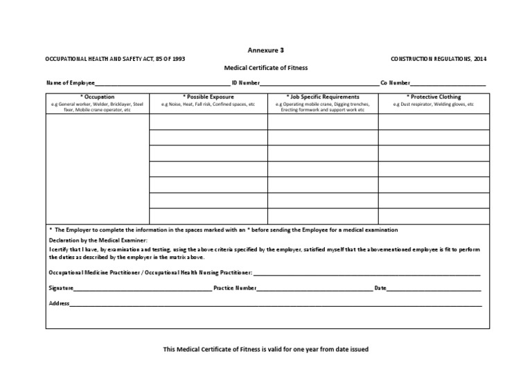 Annexure 3 - Medical Certificate | PDF | Personal Protective Equipment | Occupational Safety And ...