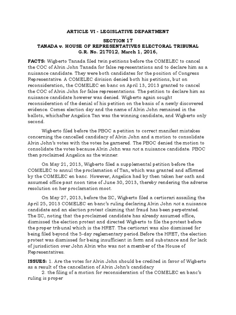 Article 6 - Section 17 - Tanada vs. HRET | PDF | United States Law ...