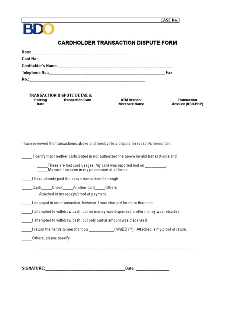 Cardholder Transaction Dispute Form: Posting Date Transaction Date ATM ...