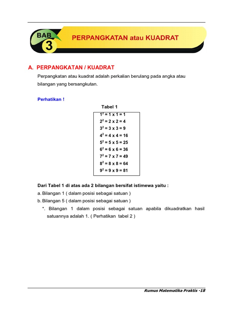 Rumus Praktis Matematika SD - 03 Perpangkatan Atau Kuadrat PDF | PDF
