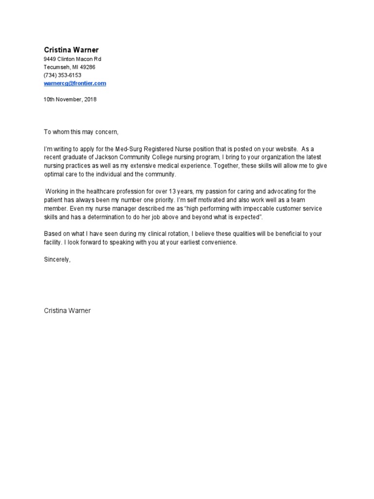 Cover Letter | PDF | Nursing | Health Care