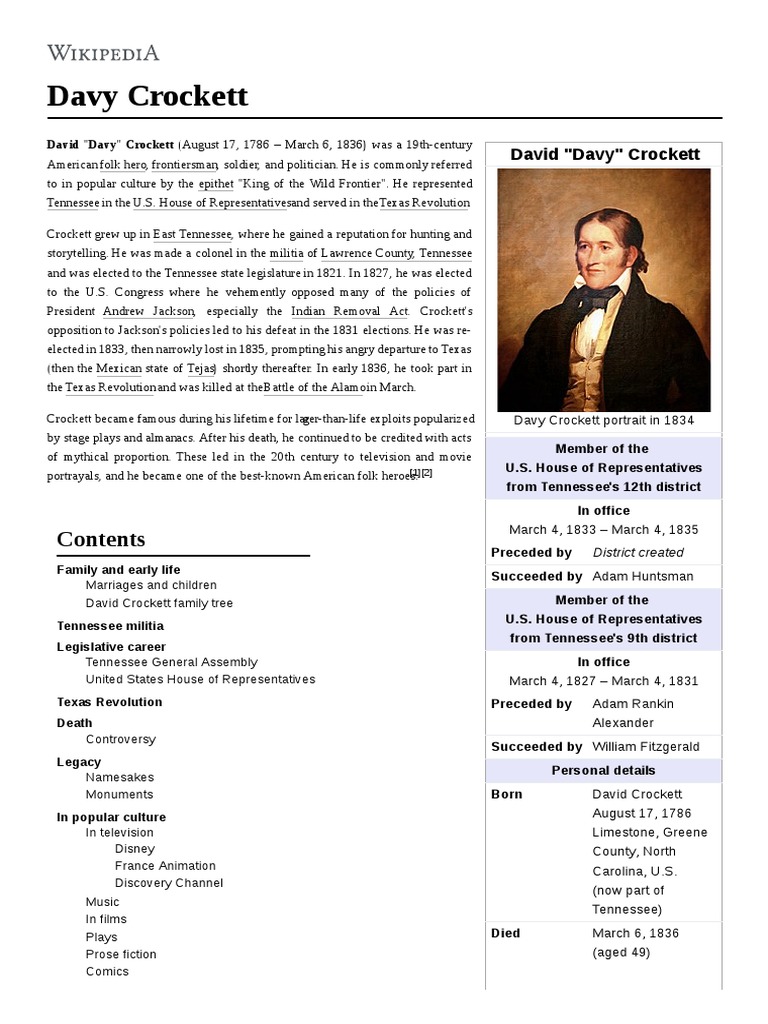 Davy Crockett | PDF | Battle Of The Alamo | Davy Crockett