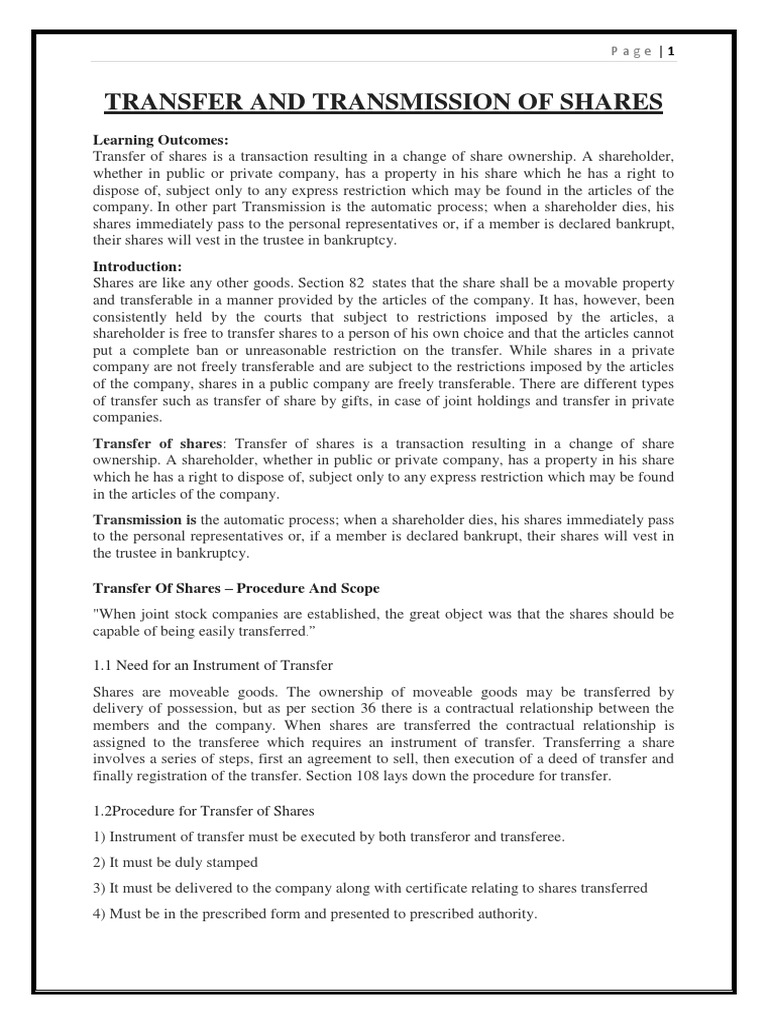 Transfer and Transmission of Shares | PDF | Securities (Finance) | Loans