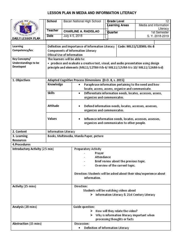 Media and Information Literacy Lesson Plan | PDF | Information Literacy ...