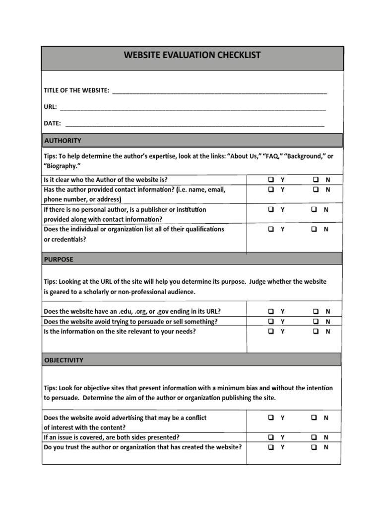 Website Evaluation Checklist | PDF | Hypertext | Cyberspace