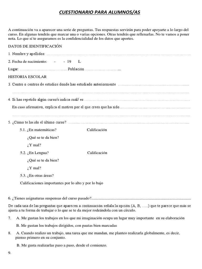 Cuestionario para Alumnos | PDF | Prueba (evaluación) | Educación avanzada