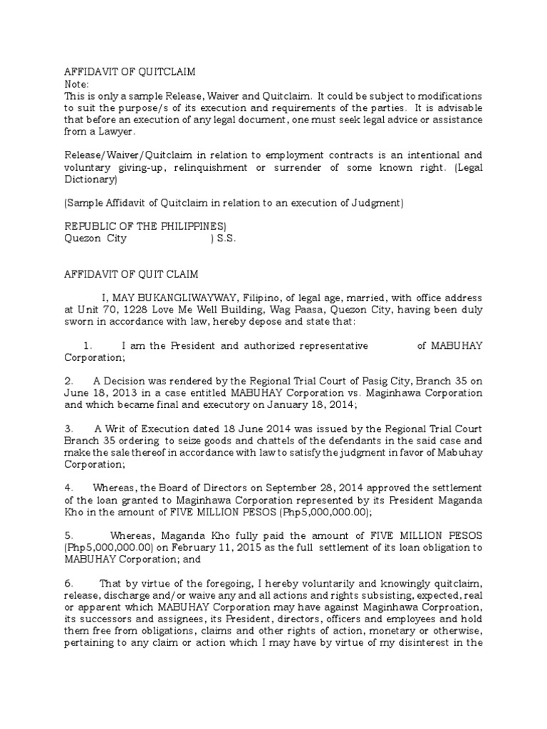 Affidavit of Quitclaim | PDF | Affidavit | Judgment (Law)