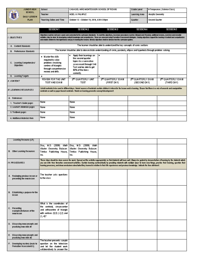 TOS in Analytic Geometry | PDF | Teachers | Educational Assessment