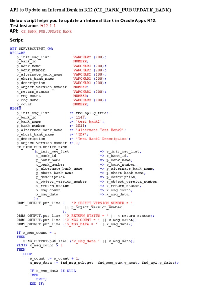 API To Update An Internal Bank in r12 (Ce - Bank - Pub - Update - Bank) | PDF | Computing ...