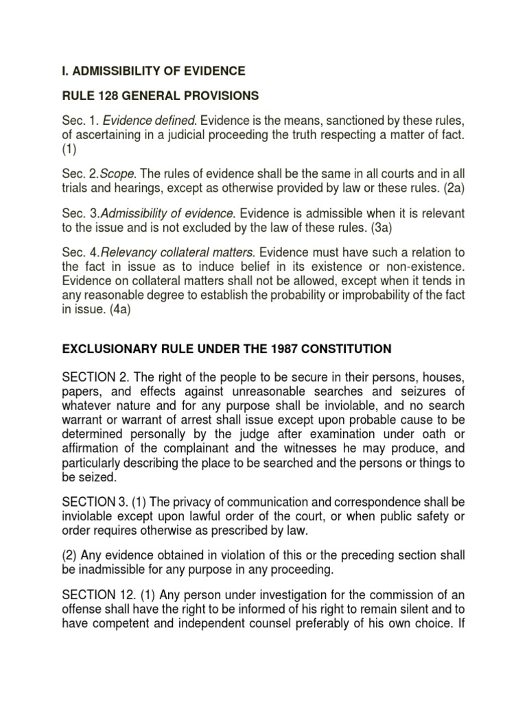 I. Admissibility of Evidence Rule 128 General Provisions: Exclusionary ...