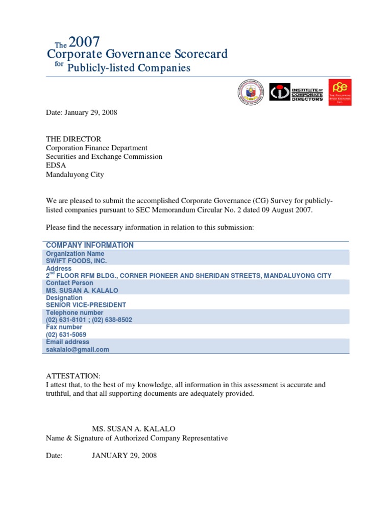 Corporate Governance Scorecard 2008 | PDF | Board Of Directors ...