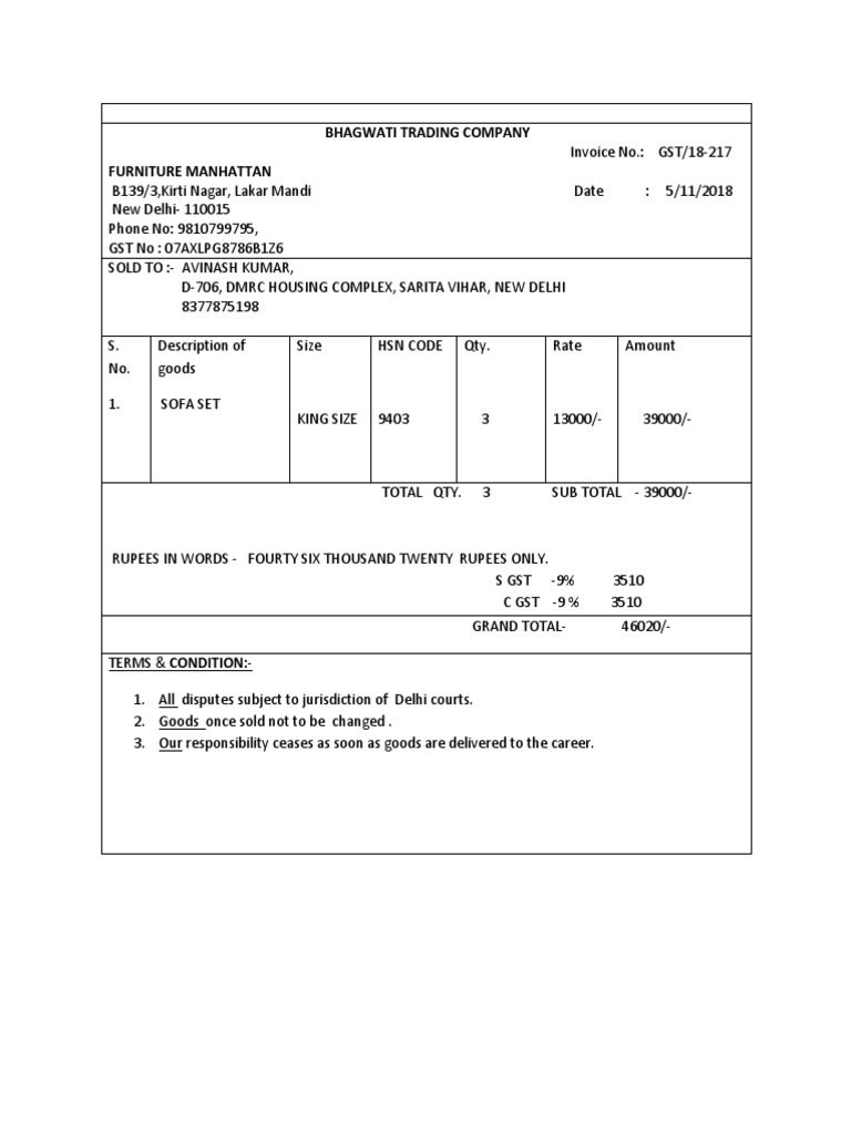 Furniture Invoice with GST Details | PDF