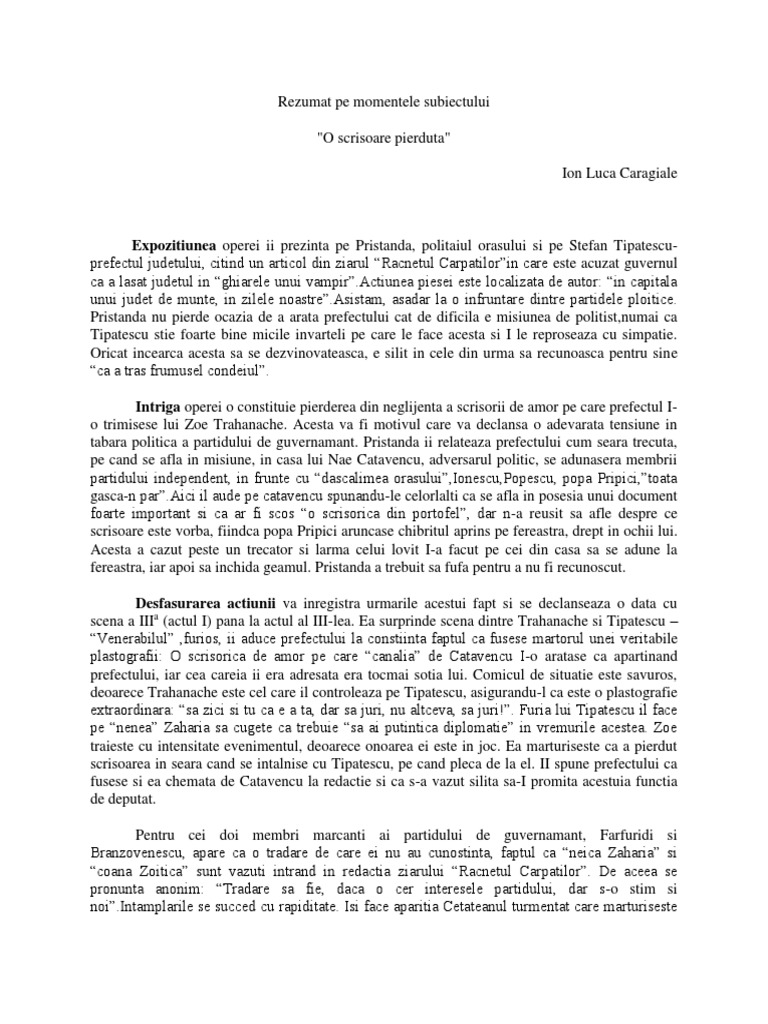 Schema Eseu-O Scrisoare Pierduta | PDF