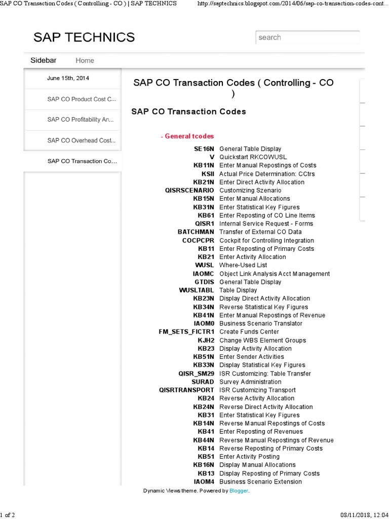 SAP CO Transaction Codes | PDF | Information Technology Management | Computing