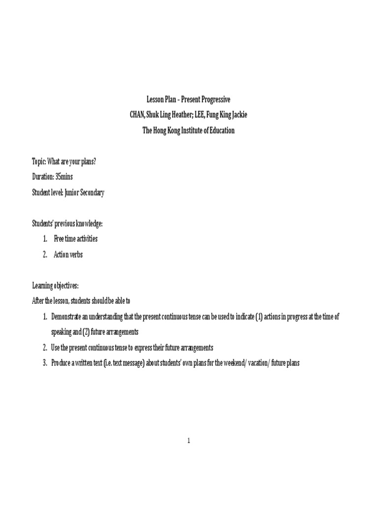 Lesson Plan Present Progressive Tense Junior Secondary | Download Free ...