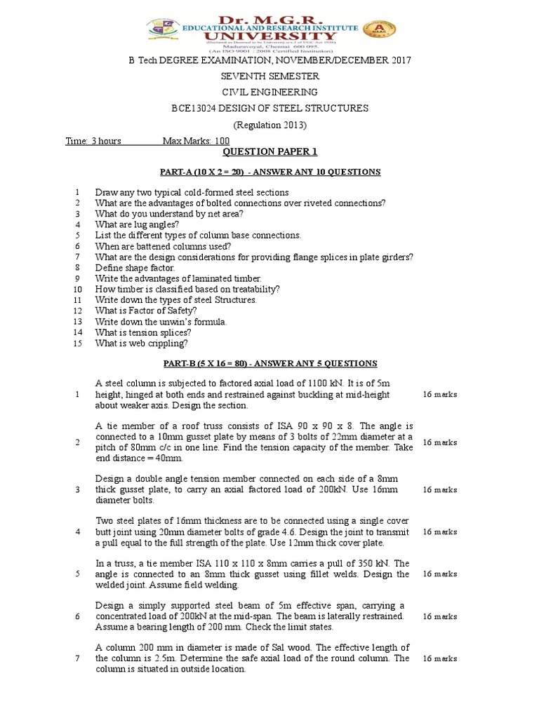 Steel Structures Design Examination 2017 | PDF | Beam (Structure ...
