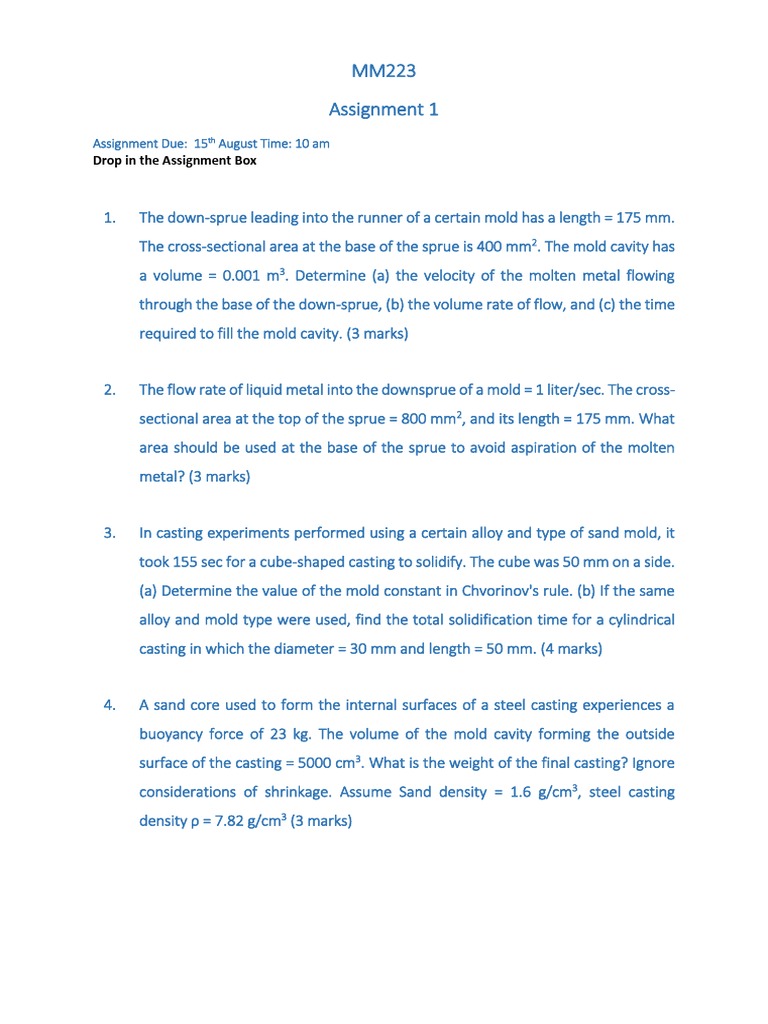 MM223 Assignment 1: Casting and Forming Process Calculations | PDF | Casting (Metalworking ...