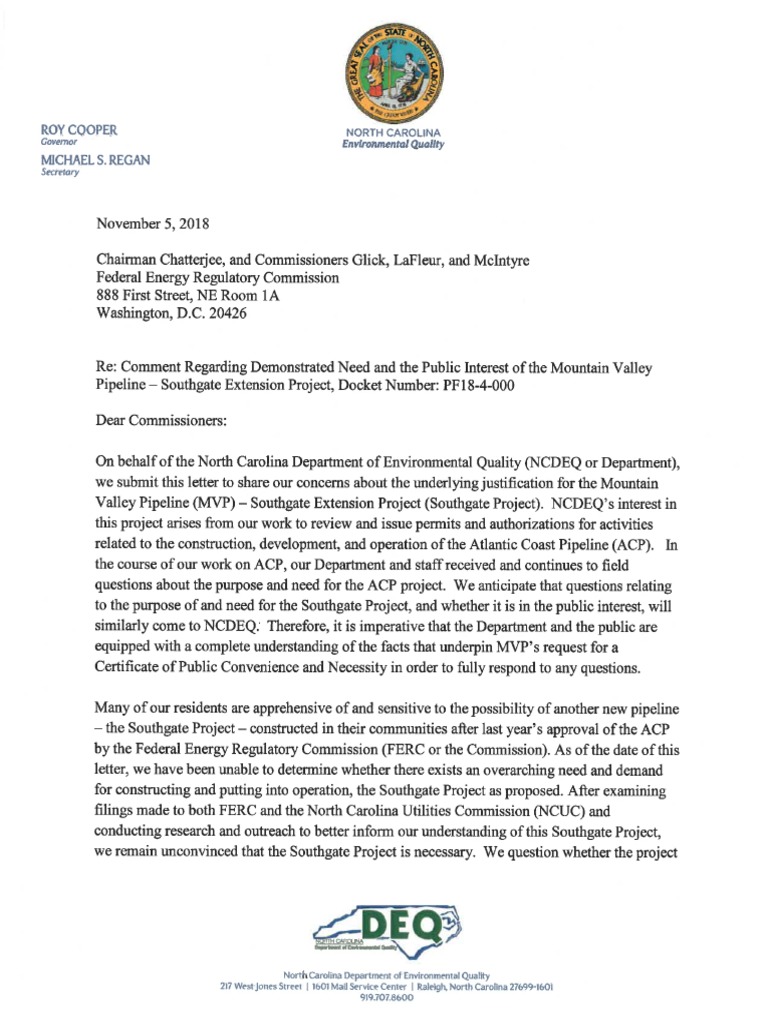DEQ Letter To FERC
