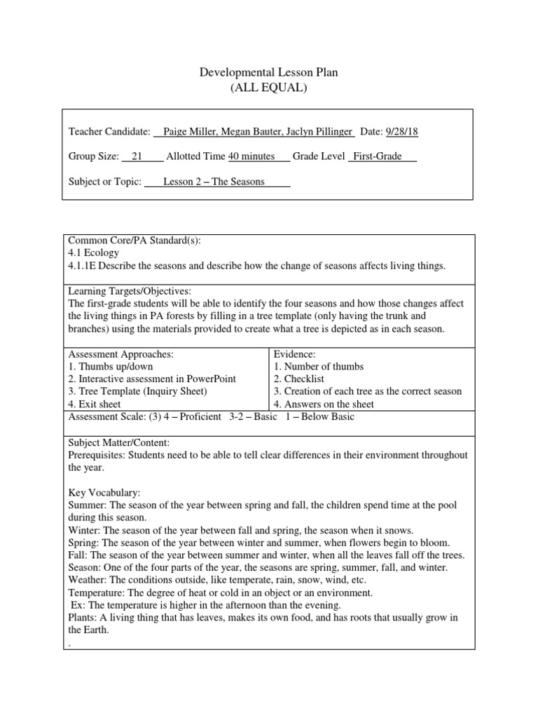 Developmental Lesson Plan (All Equal) | PDF | Lesson Plan | Trees Developmental Lesson Plan (All Equal) | PDF | Lesson Plan | Trees