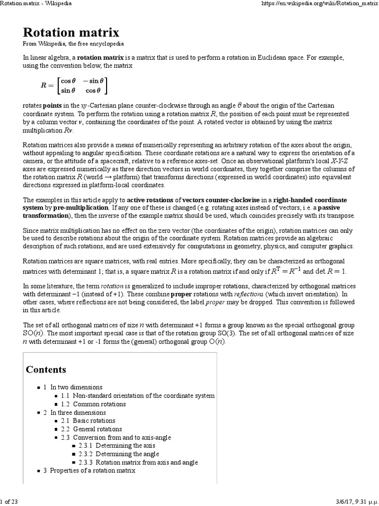Rotation Matrix - Wikipedia | PDF | Matrix (Mathematics) | Rotation