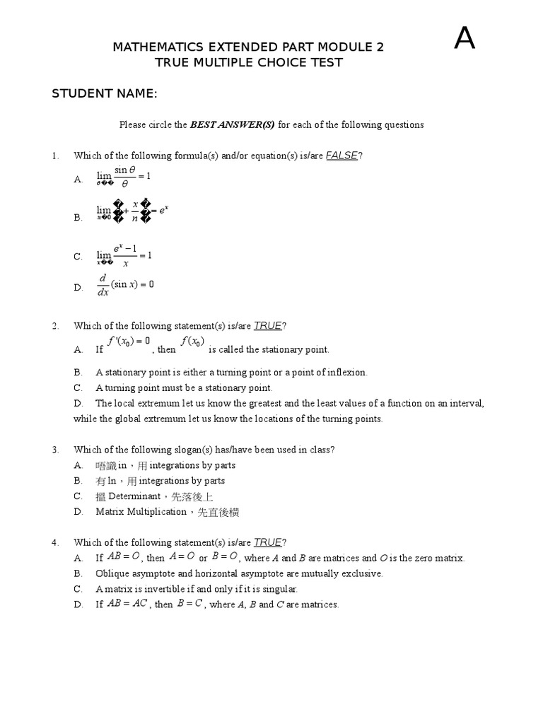 Mathematics Extended Part Module 2 True Multiple Choice Test Student ...