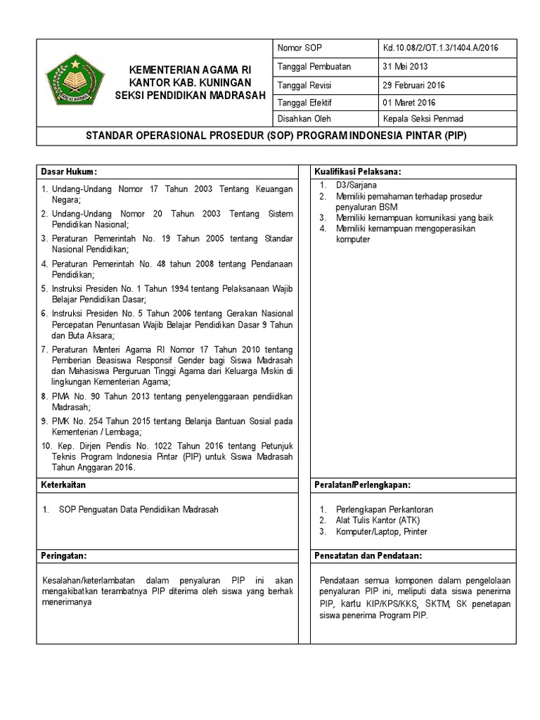 SOP Penyaluran PIP 2016 | PDF