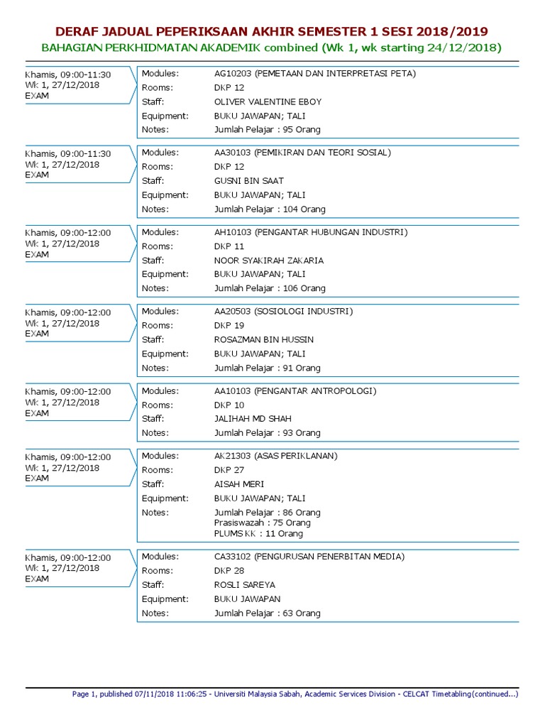 Deraf Jadual Exam Sem 1 2018 2019 | PDF