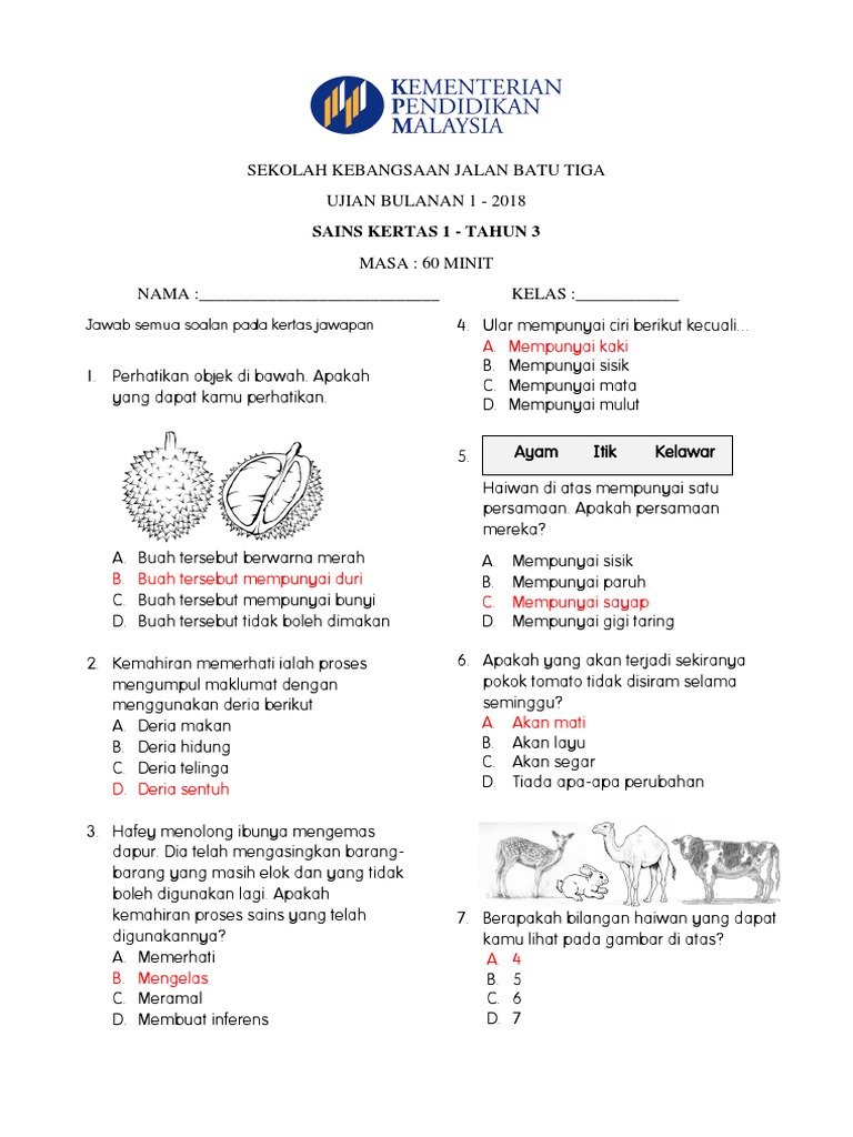 Soalan Sains Sains Tahun 3 Kssr Semakan Pdf
