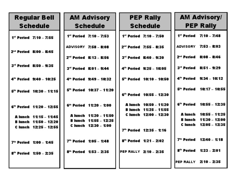 AM Advisory Schedule PEP Rally Schedule Regular Bell Schedule AM ...
