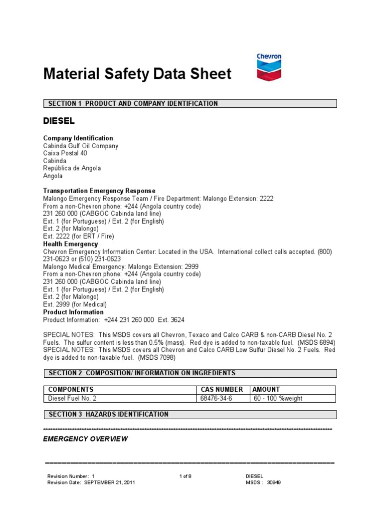 Material Safety Data Sheet: Diesel | Download Free PDF | Personal ...