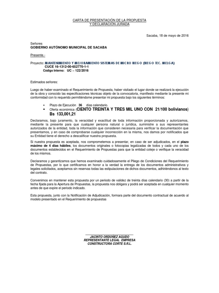 FORMULARIO A1 Carta Propuesta Declaracion Jurada | PDF | Conceptos ...