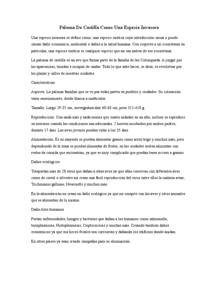 Paloma de Castilla Como Una Especie Invasora | PDF | Columbidae | Aves