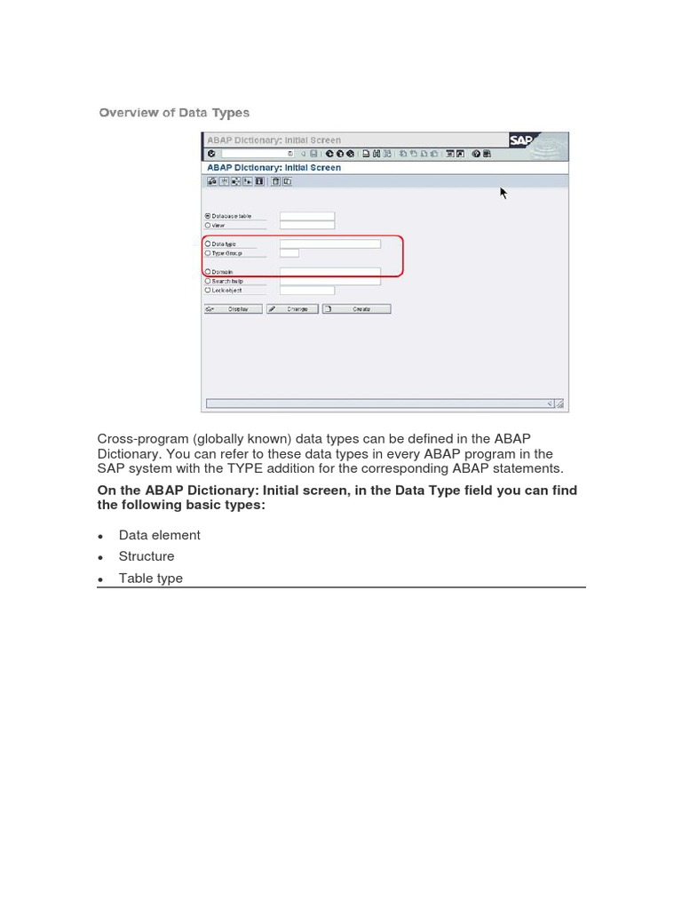 Data Types in The ABAP Dictionary | PDF | Data Type | Computer Programming