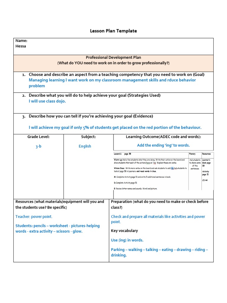 Lesson Plan Using Ing in Words | PDF | Classroom Management | Lesson Plan