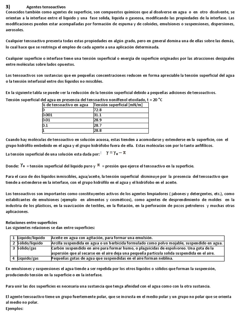 Agentes Tensoactivos: Funciones y Ejemplos | PDF | Tensioactivo | Emulsión