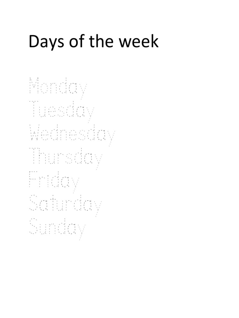 Days of The Week Monday Tuesday Wednesday Thursday Friday Saturday ...