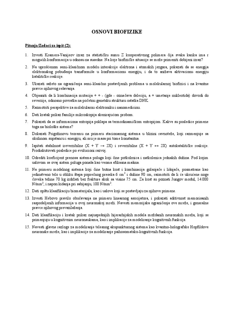 Ispitna Pitanja Biofizika | PDF