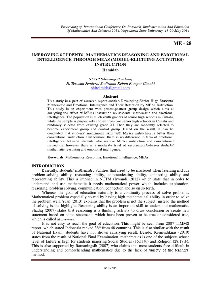 Improving Students' Mathematics Reasoning and Emotional Intelligence ...