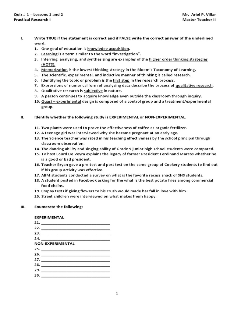 Quiz # 1 (Lessons 1 and 2) - Practical Research 2 | PDF | Qualitative ...