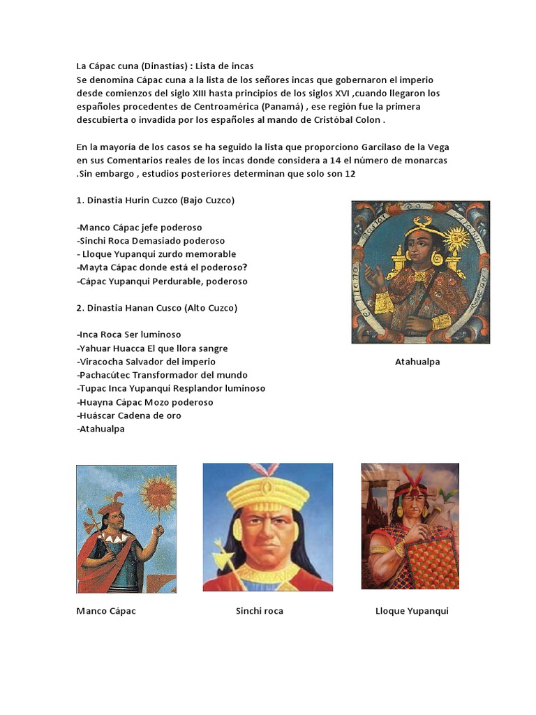 Dinastías Incas: Cápac Cuna y Monarcas | PDF | Historia | Libros para ...
