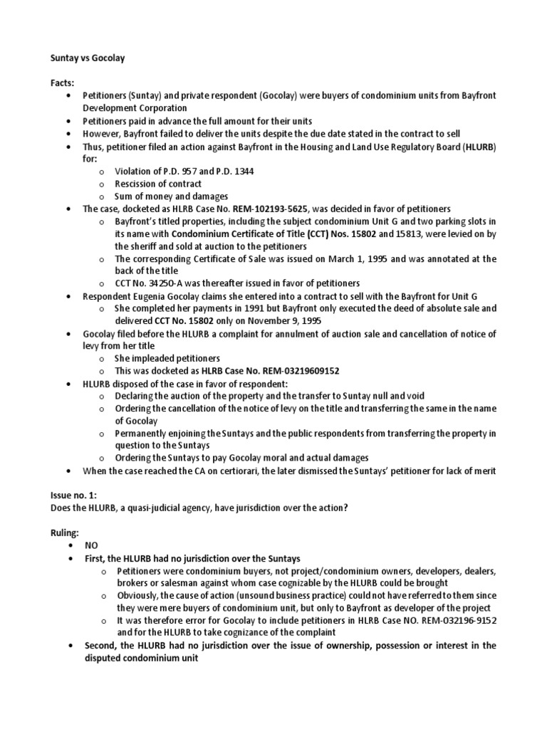 Suntay vs Gocolay: HLURB Jurisdiction Dispute | PDF | Lawsuit ...