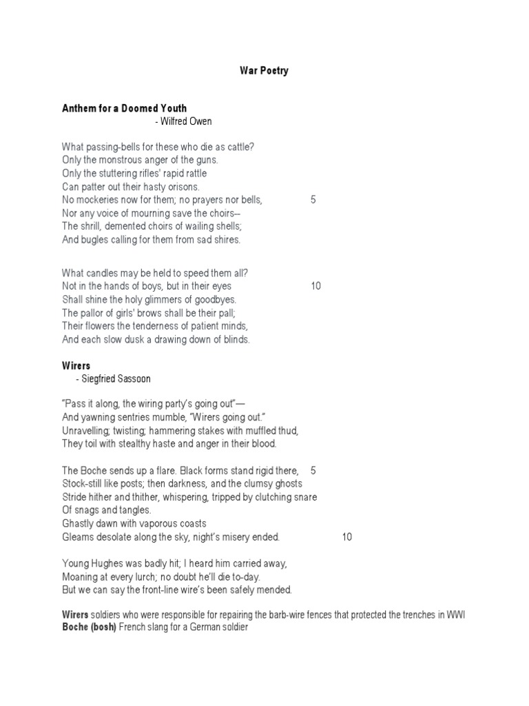 War Poetry Anthem For A Doomed Youth: - Wilfred Owen | PDF | Unrest