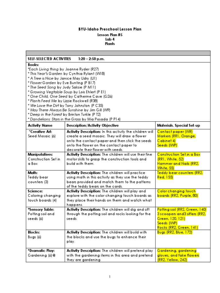 Preschool Lesson Plan 1 | PDF