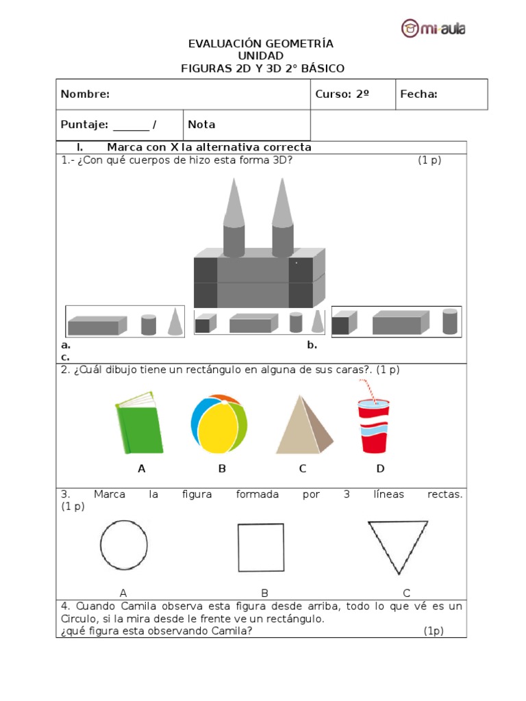 Evaluación de Figuras 2D y 3D 2° Básico | PDF | Rectángulo | Formas ...