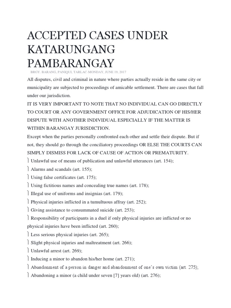 Accepted Cases Under Katarungang Pambarangay | PDF | Jurisdiction | Public Law